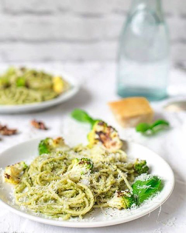 Roasted Romanesco Cauliflower Pesto Spaghetti Recipe | The Feedfeed