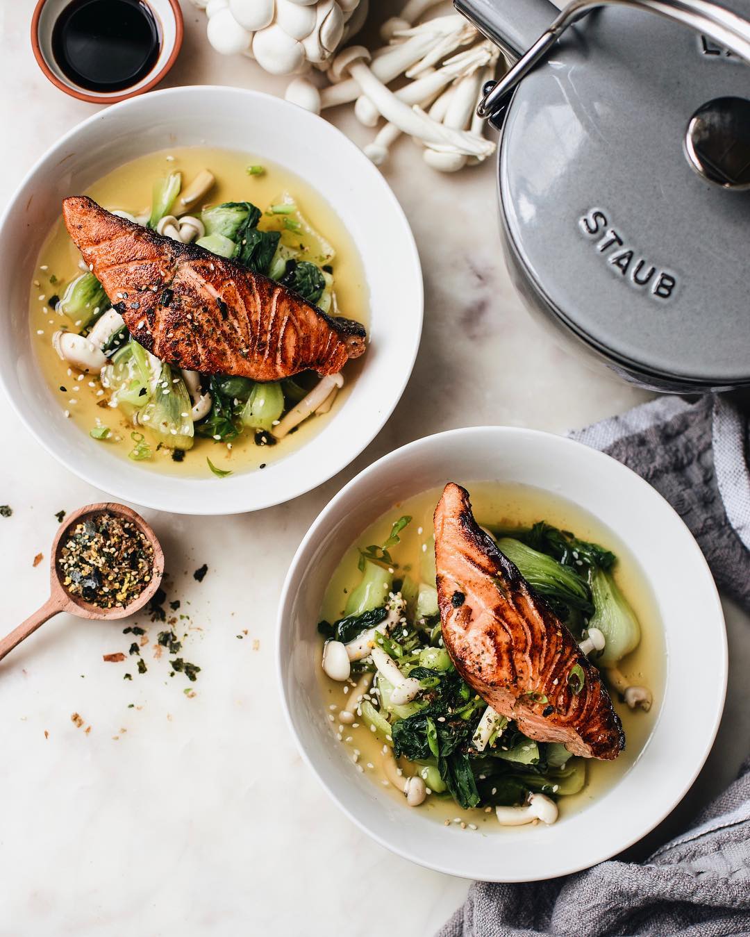 Green Tea Dashi with Seared Salmon, Bok Choy and Mushrooms Recipe | The ...