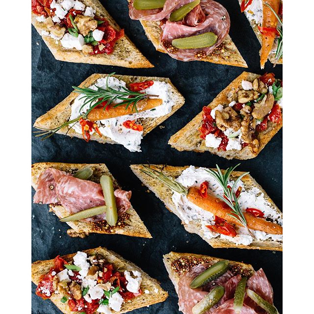 Crostini Bar: Carrot & Rosemary Over Cream Cheese, Salami With Grainy ...