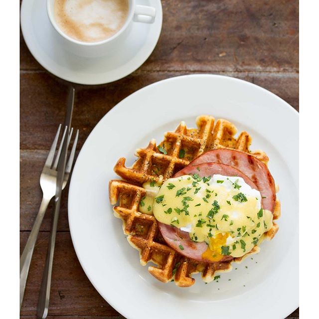 Everything Bagel Buttermilk Waffle Benedict with Aged Cheddar ...