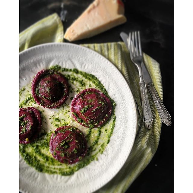 Roasted Garlic & Feta Beet Ravioli With An Arugula Walnut Pesto by ...