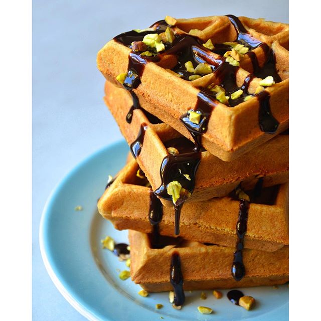 Stout Waffles With Chocolate Syrup And Pistachios Recipe | The Feedfeed
