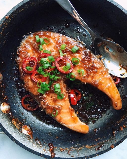 Braised Salmon Steak With Chiles And Green Onions Recipe | The Feedfeed