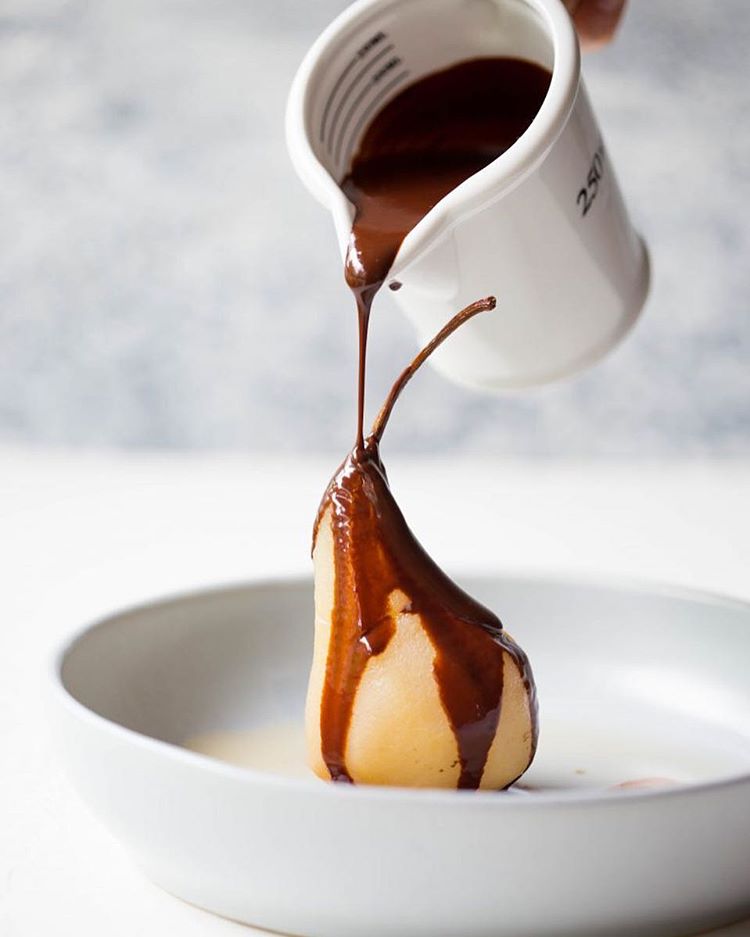 Tea Poached Pears With Chocolate Almond Sauce Recipe | The Feedfeed