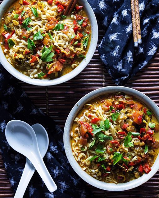 Coconut Curry Broth With Ramen Noodles, Sweet Peppers And Tomatoes ...