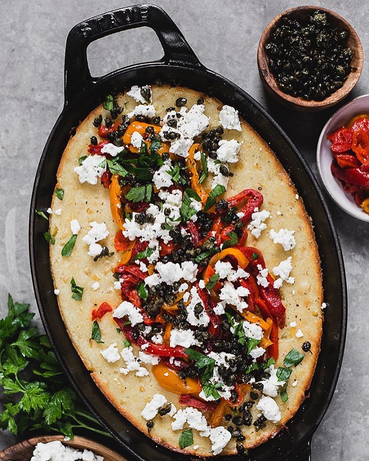 Spoon Bread Topped With Roasted Red Peppers, Fried Capers And Feta ...