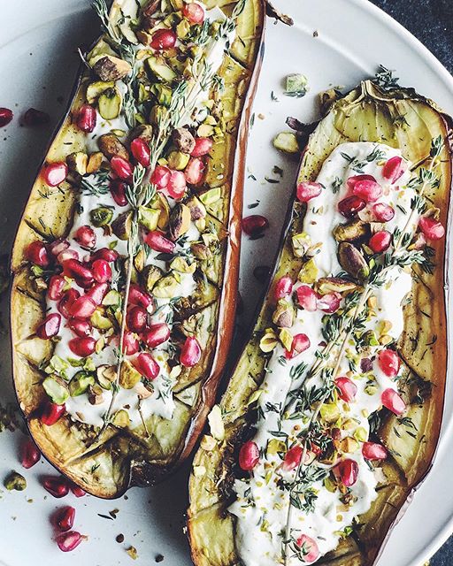 Roasted Eggplant With Cashew Yogurt Pomegranate Seeds And Crushed Pistachios Recipe The Feedfeed