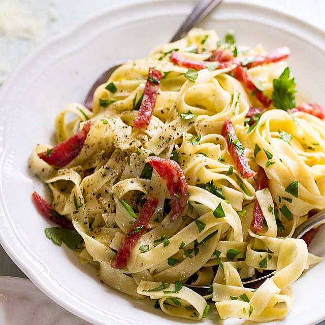 15-minute Fettucini & Salami Pasta Recipe | The Feedfeed
