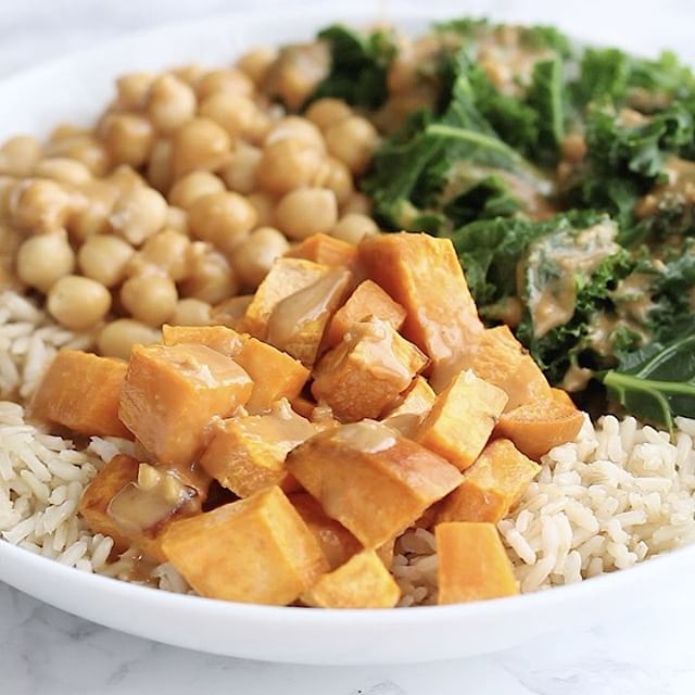 Brown Rice Bowl With Chickpeas, Kale And Peanut Sauce Recipe | The Feedfeed