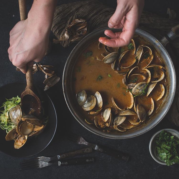 Clam Zucchini Noodles In A Spicy Thai Coconut Milk & Black Garlic Sauce ...