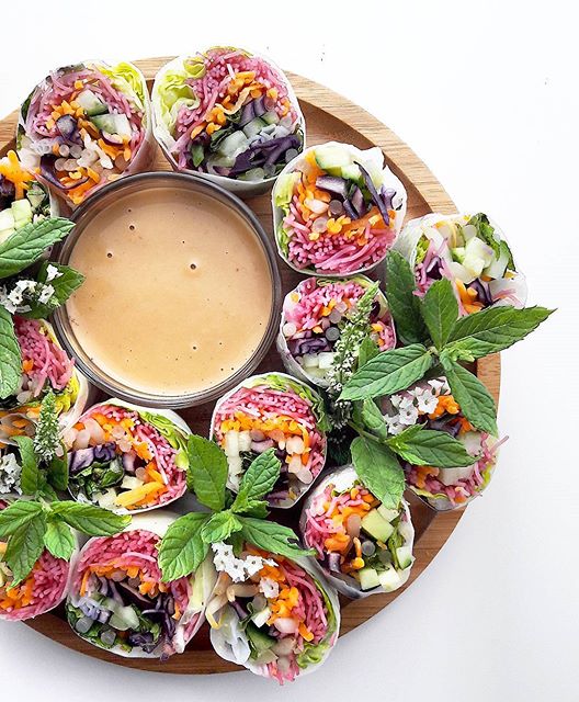 Summer Rolls With Pink Rice Noodles And Peanut Butter Sauce Recipe ...
