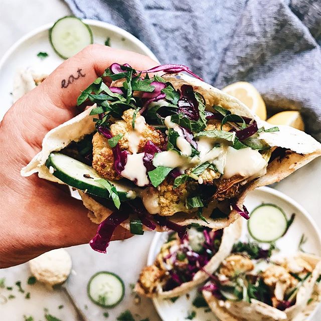 Roasted Cauliflower, Hummus And Pickled Cabbage Pita Pockets Recipe ...