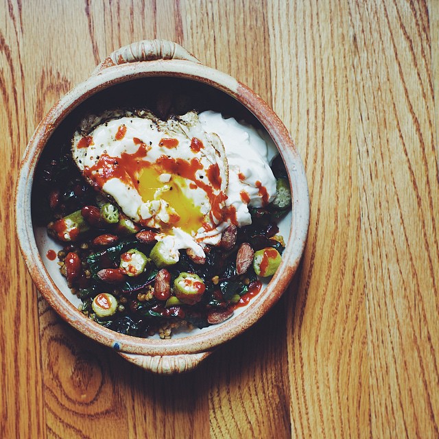 Sautéed Buckwheat And Rainbow Chard, Pickled Okra, Spiced Almonds, Egg ...