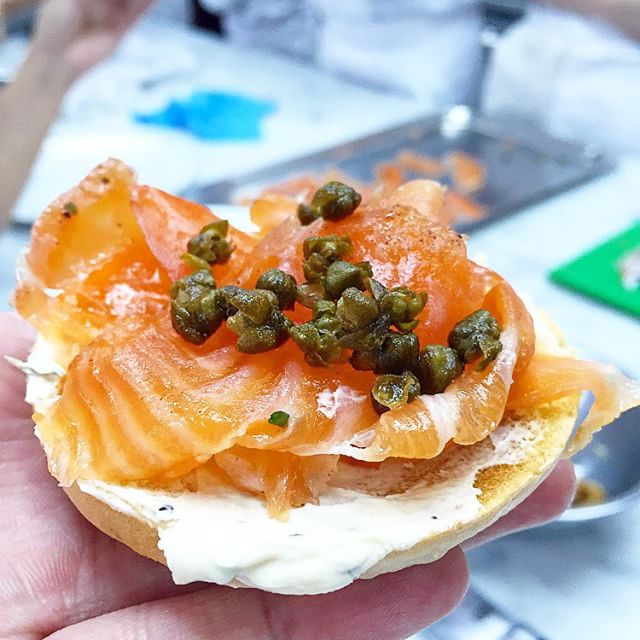 Nyc Bagels Topped With Herbed Cream Cheese, Salmon Gravlax And Deep ...