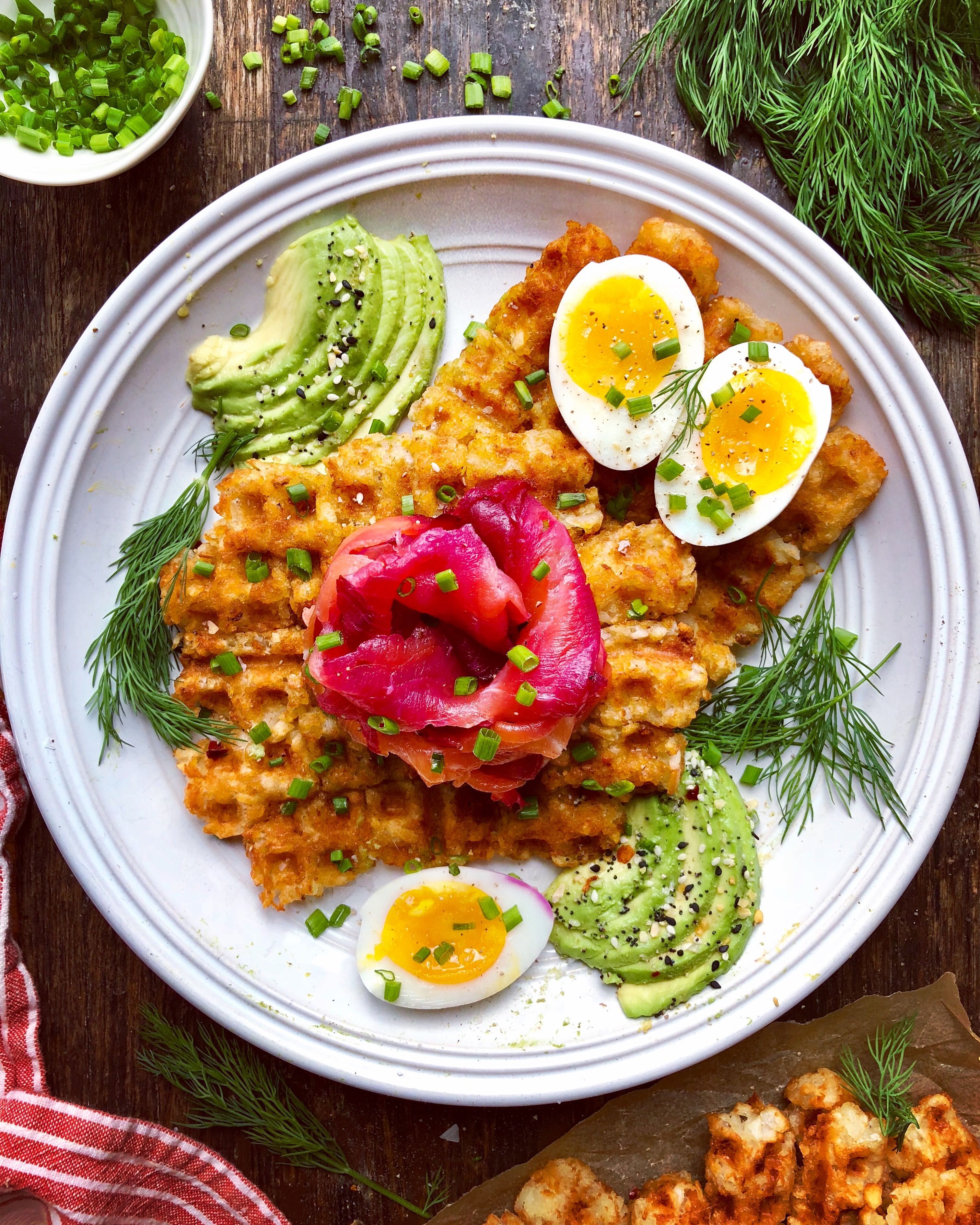 Tater Tot Waffle with Cured Salmon, Avocado, and Soft Cooked Egg Recipe ...