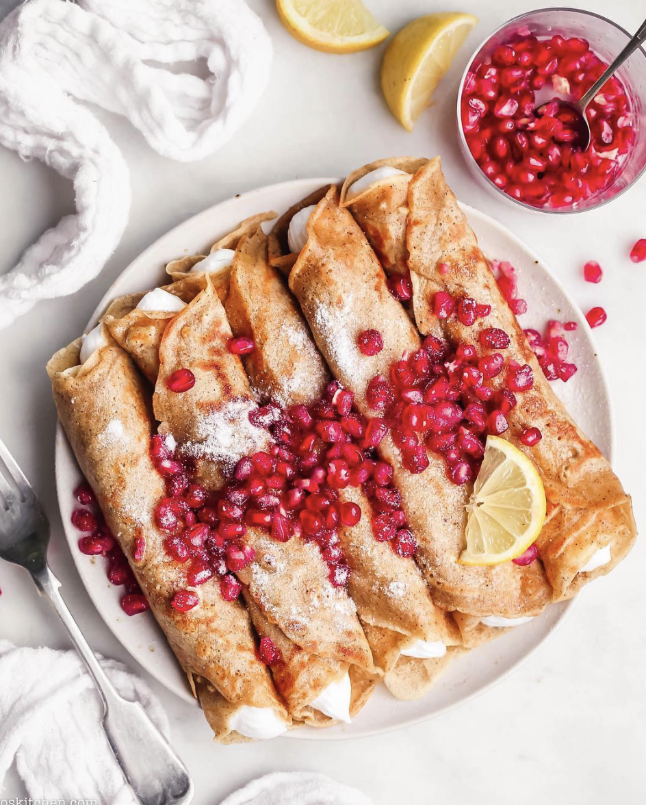 Vanilla Crepes with Aquafaba Cream and Pomegranate Seeds Recipe | The ...