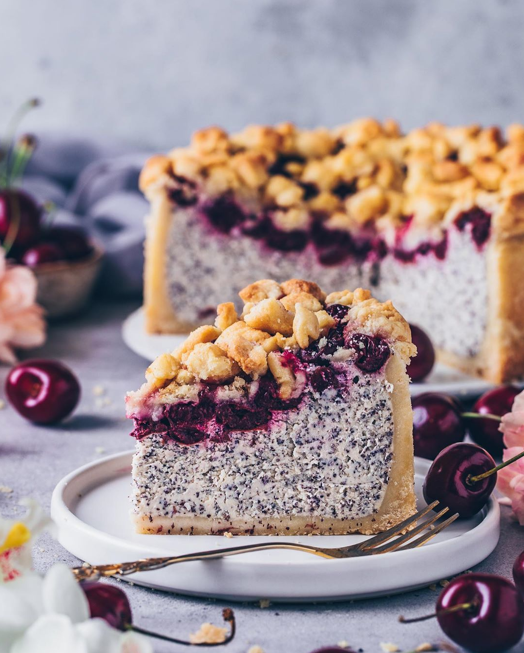 Cherry Poppy Seed Crumble Cheesecake Recipe | The Feedfeed