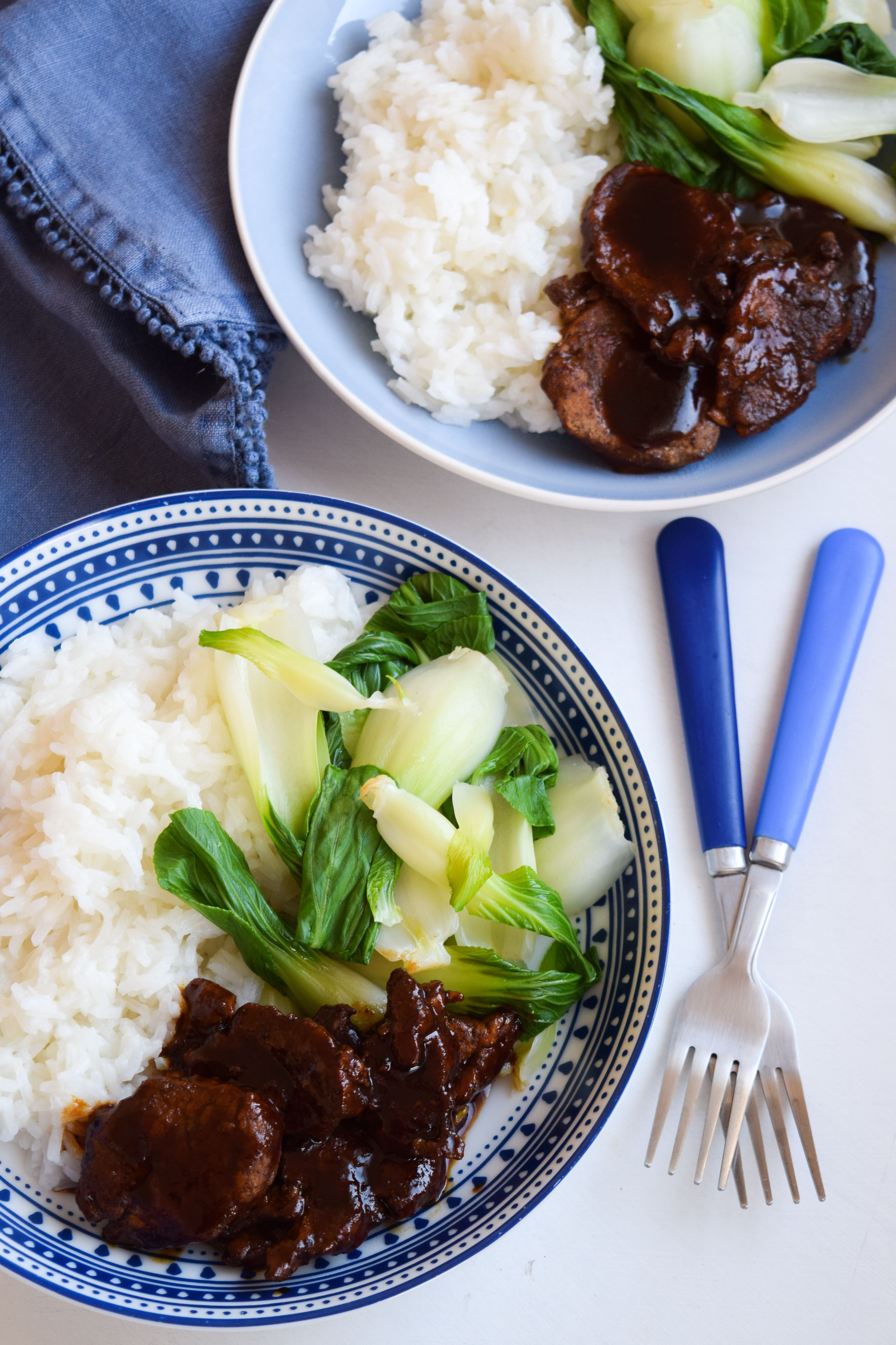 Baby Pak Choi with Five Spice Pork and Jasmine Rice Recipe | The Feedfeed