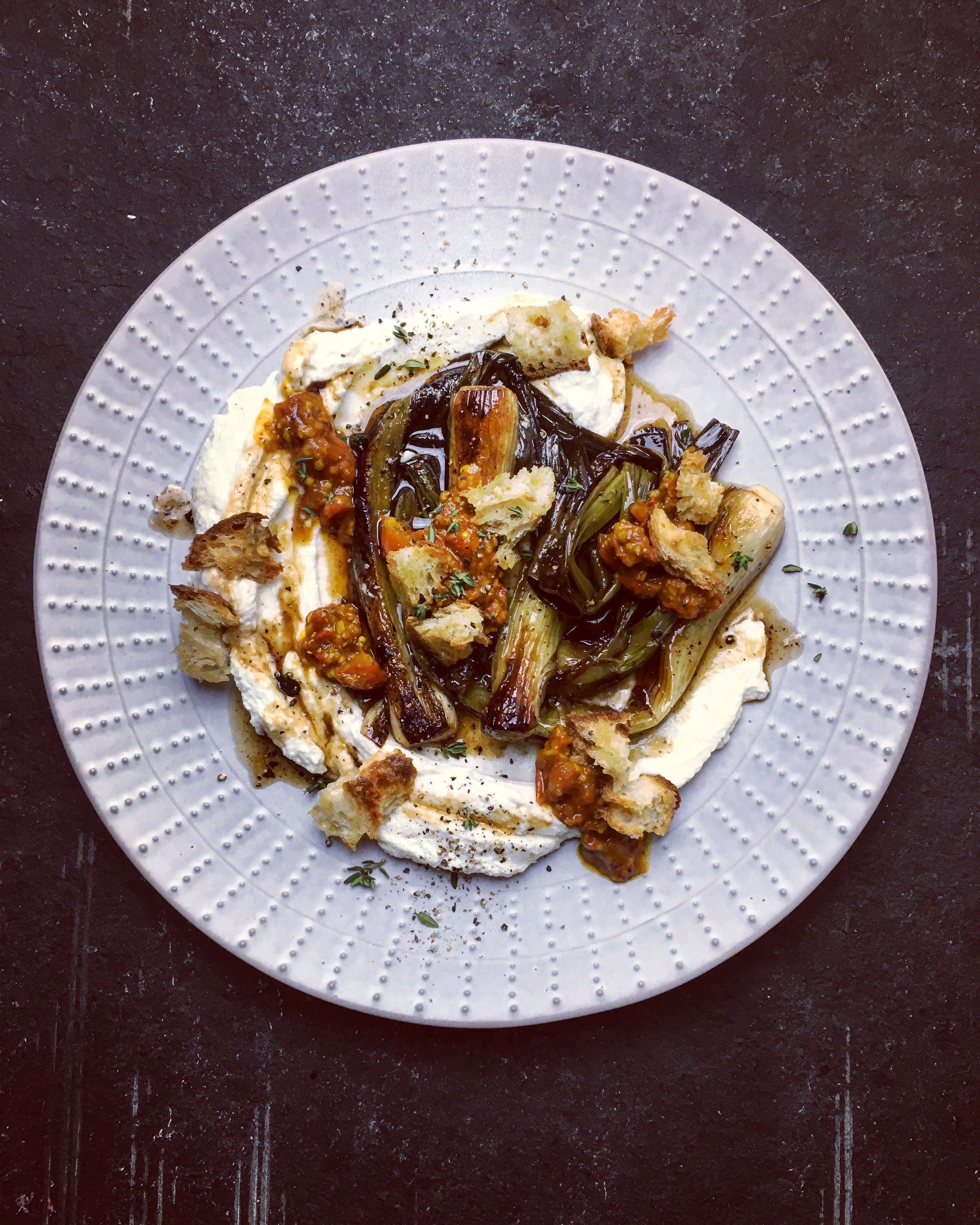 White Wine Braised Spring Onions, Whipped Goat Cheese with Spicy ...