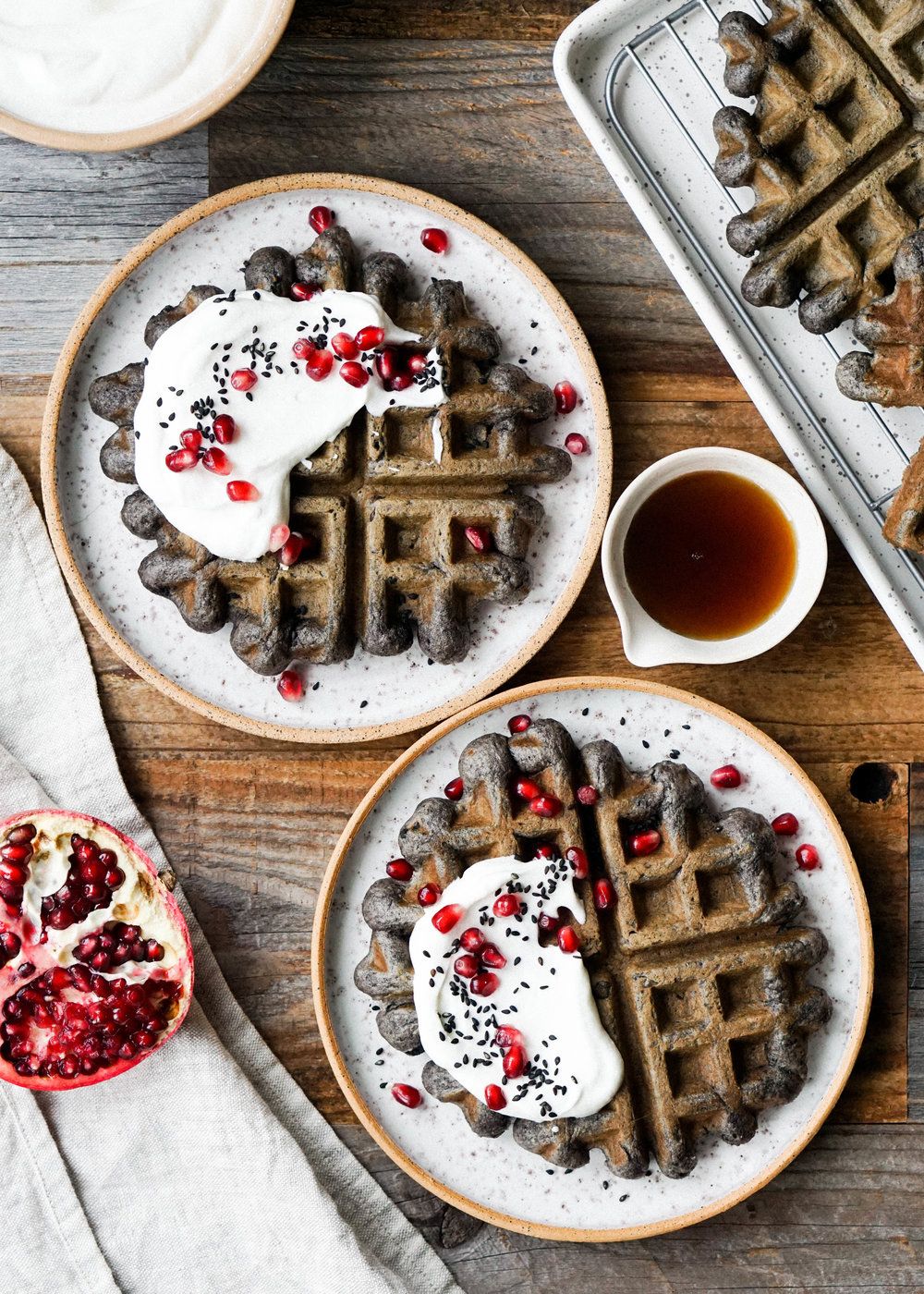 Black Sesame Waffles with Pomegranate Seeds Recipe | The Feedfeed