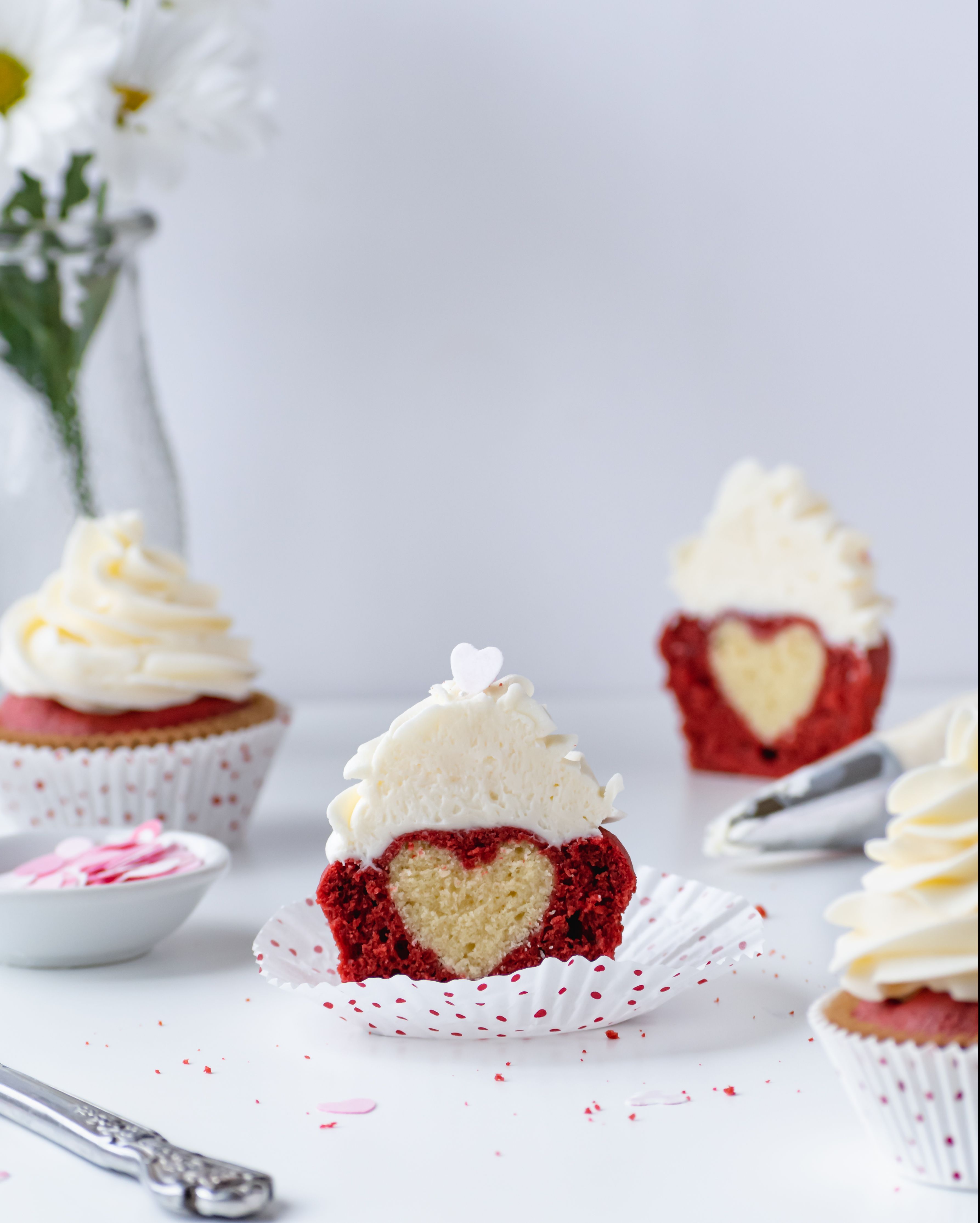 Red Velvet Cupcakes with Yellow Cake Heart Center Recipe | The Feedfeed