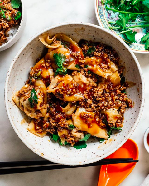 Sichuan Turkey Wontons with Spicy Mapo Turkey Sauce Recipe | The Feedfeed
