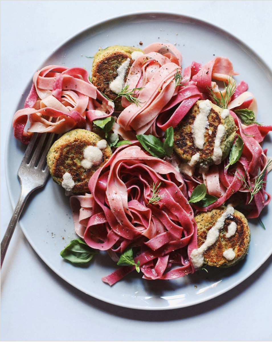 Beet Pasta with Falafel and Garlic Tahini Sauce Recipe | The Feedfeed
