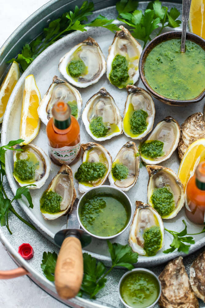Oysters with Lemony Basil Champagne Vinaigrette Recipe | The Feedfeed