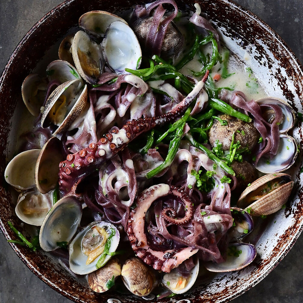 Black Pasta with Seafood in a Creamy Garlic Sauce Recipe | The Feedfeed