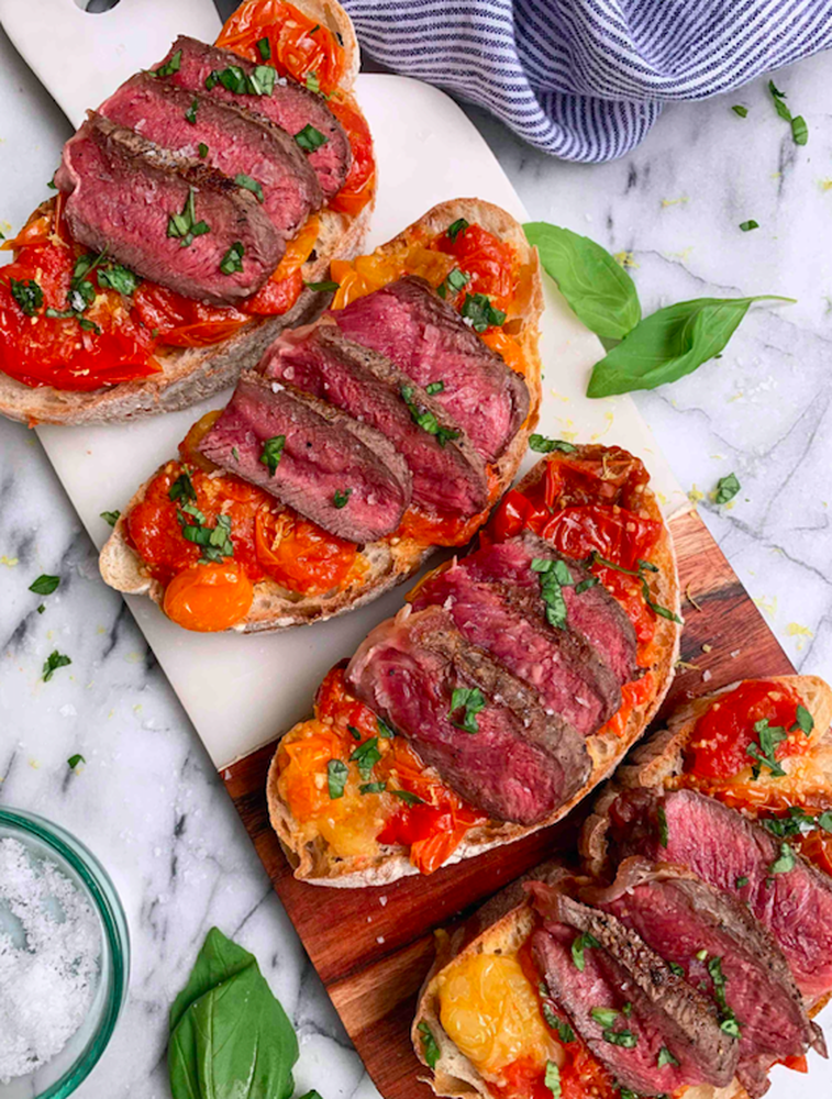 Grilled Grass-Fed Strip Steak & Summer Tomato Toast Recipe | The Feedfeed