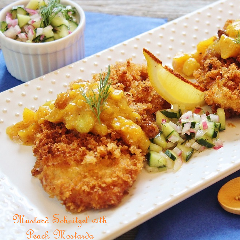 Mustard Pork Schnitzel with Peach Mostarda and Cucumber Relish Recipe ...