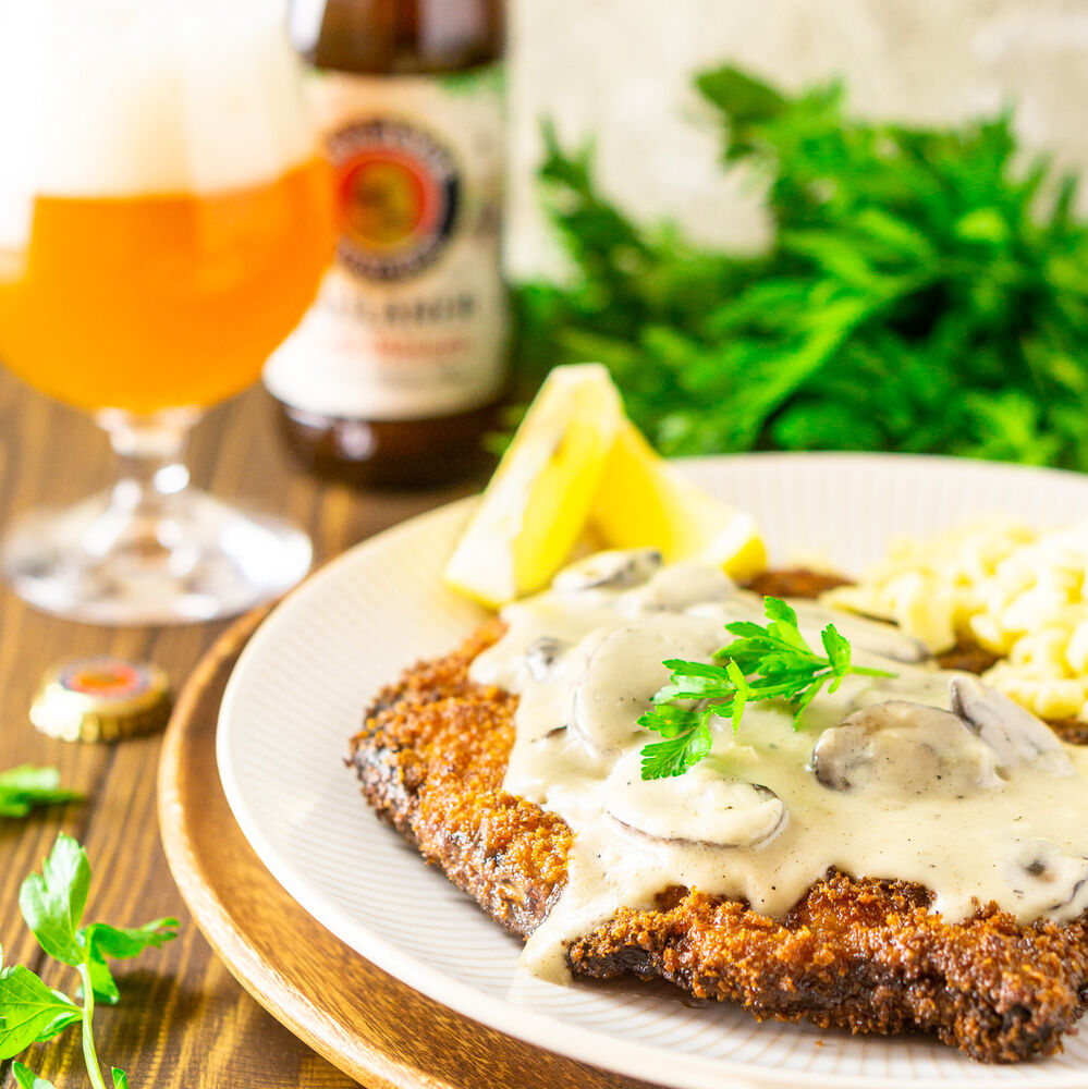 Beer-Brined Schnitzel With Creamy Mushroom Gravy Recipe | The Feedfeed