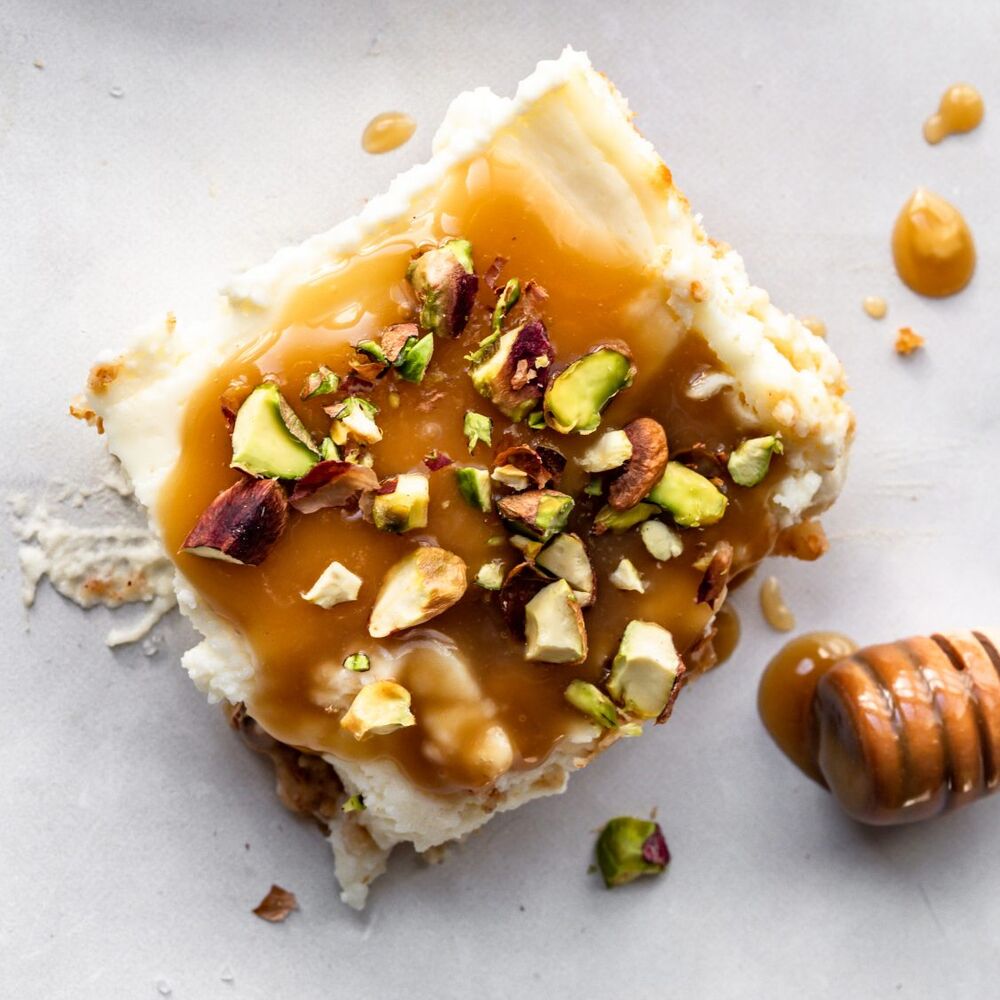 Labneh Cheesecake Bars with Honey Caramel Recipe | The Feedfeed