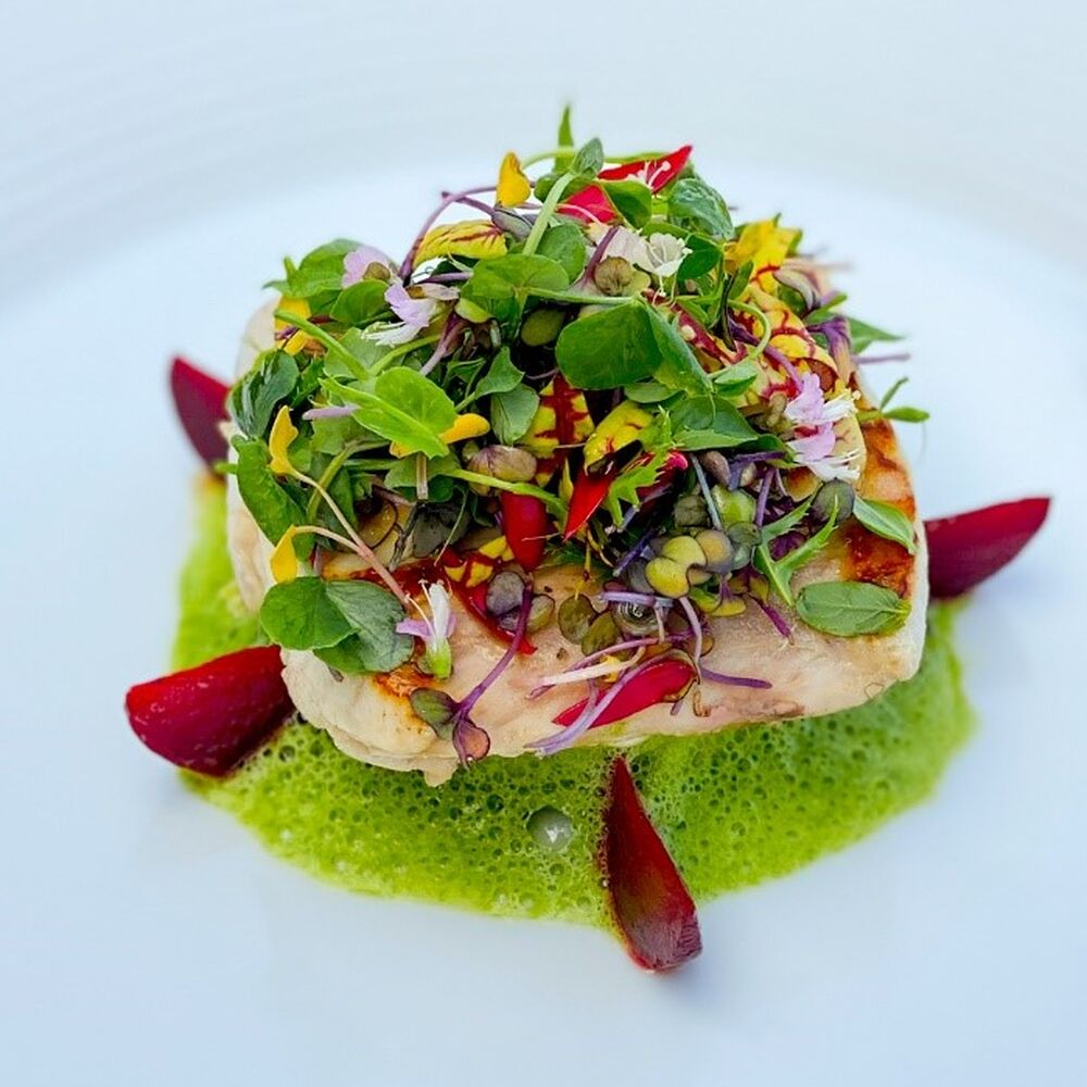 Pan-seared reef fish with green pea and potato purée, roast garlic and ...