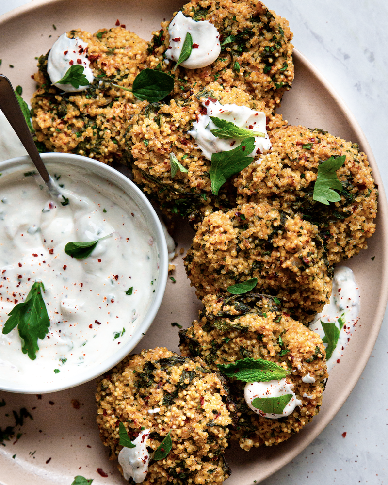 Crispy Millet Fritters with Lemony Yogurt Sauce Recipe | The Feedfeed