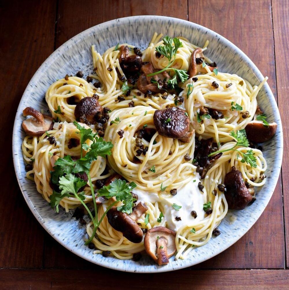 Shiitake Mushroom Pasta With Lemon Butter Sauce, Honey Yogurt and Fried ...