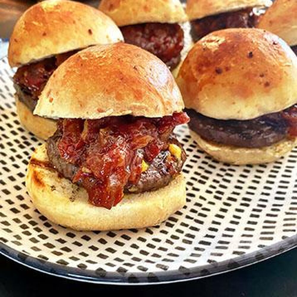 Wagyu Cheeseburger Sliders with Tomato and Bacon Jam Recipe | The Feedfeed