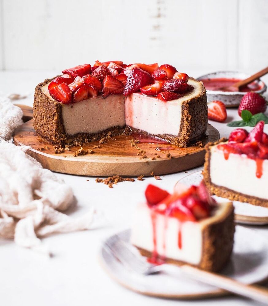 Creamy Baked Vegan Cheesecake with Strawberries Recipe | The Feedfeed