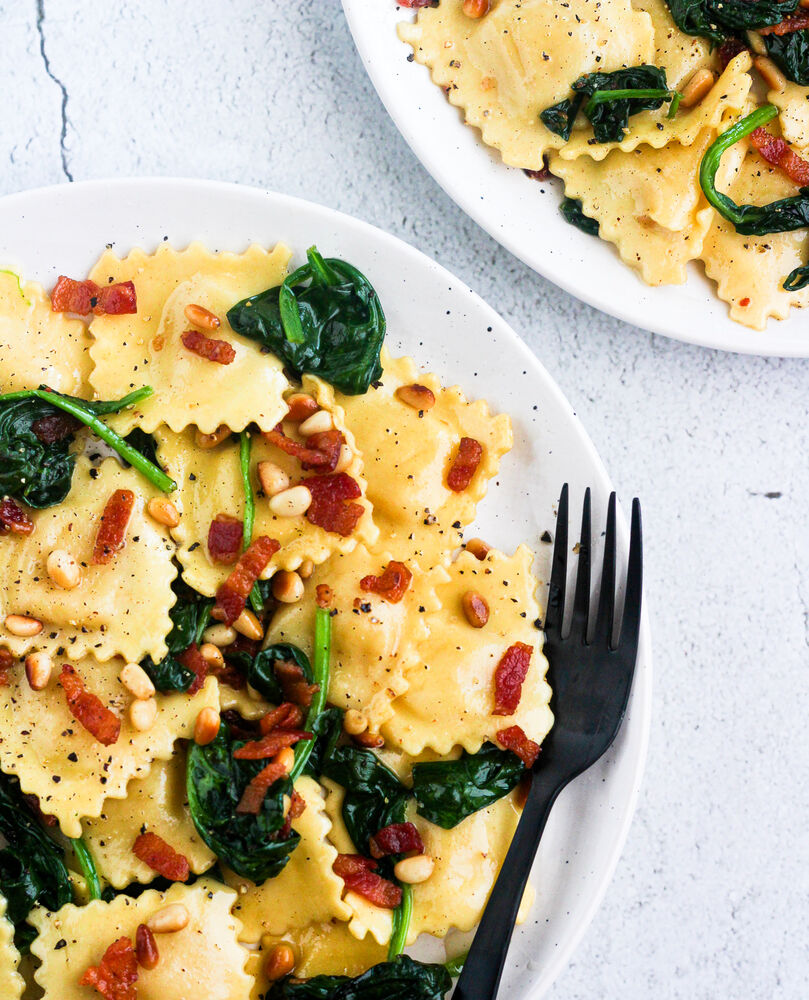 Toasted Pine Nut Ravioli with Bacon and Spinach Recipe | The Feedfeed