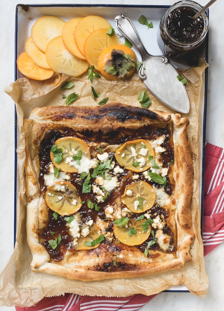 Caramelized onion relish and persimmon tart Recipe | The Feedfeed