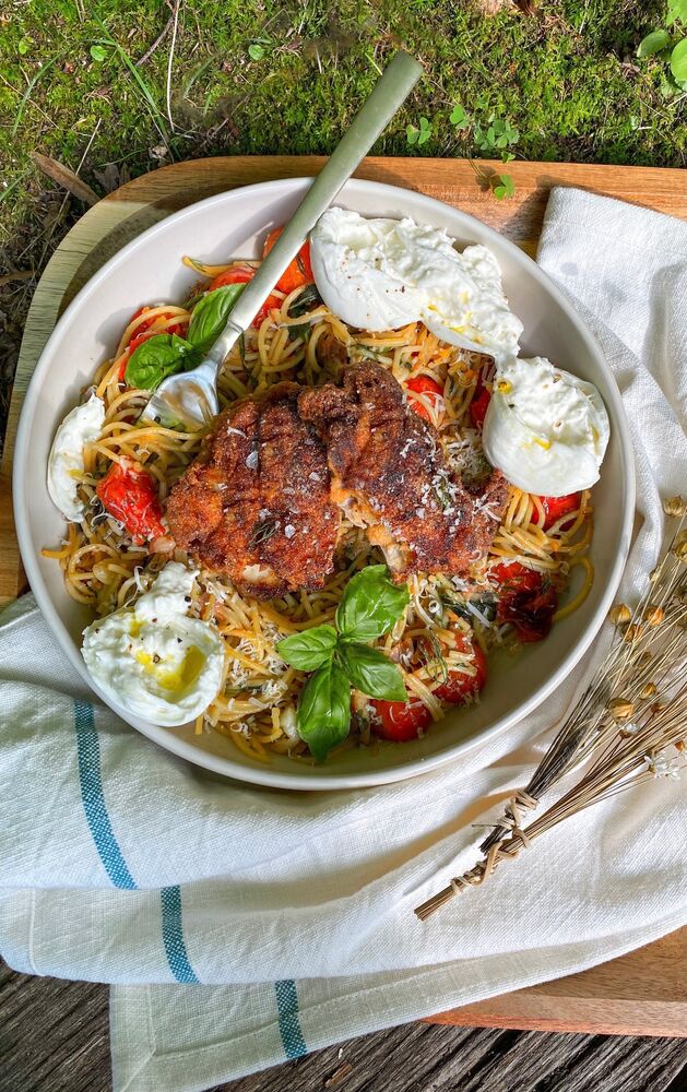 Fried chicken, with garlic and herb spaghetti and burrata. Recipe | The ...