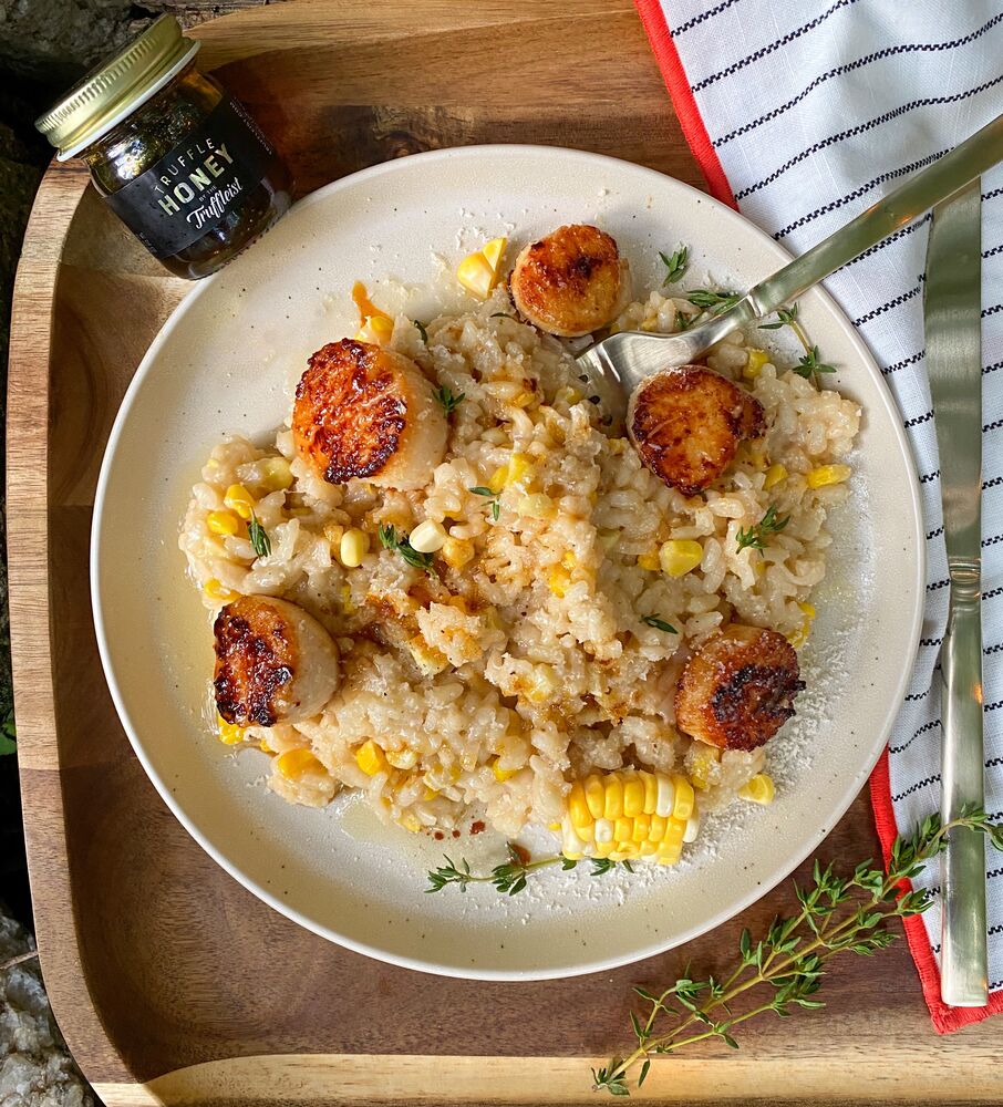 Summer corn and parmesan risotto with seared scallops Recipe | The Feedfeed