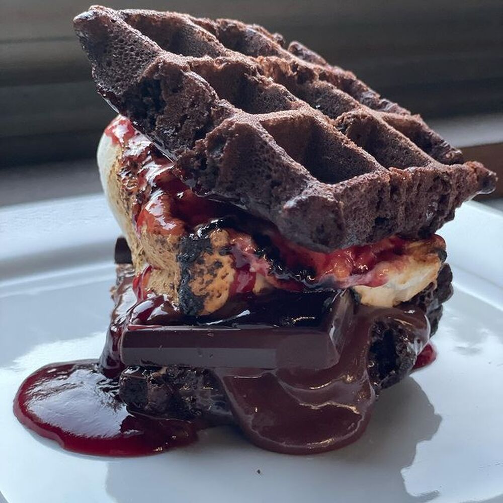 Dark Chocolate Brownie Waffle S'mores with Raspberry Jam Recipe | The ...