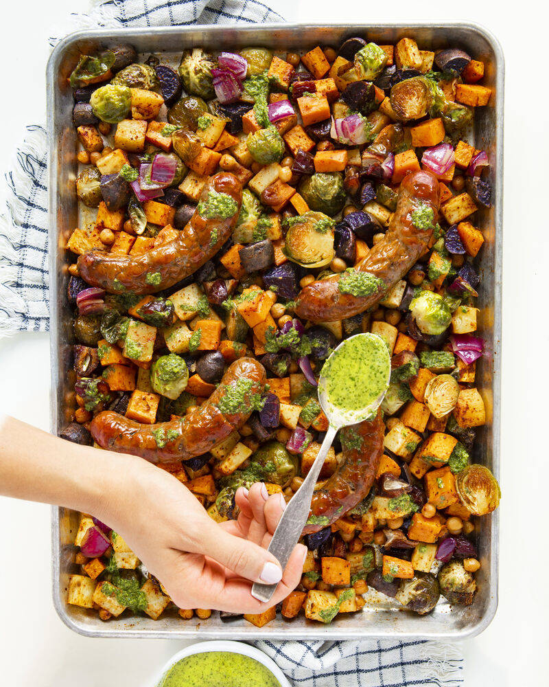 Sausage And Sweet Potato Sheet Pan Dinner With Brussels Sprouts Recipe Sausage And Sweet Potato Sheet Pan Dinner With Brussels Sprouts Recipe