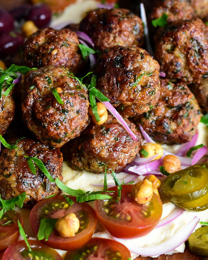 Loaded Hummus with Air Fryer Harissa Sausage Balls Recipe | The Feedfeed