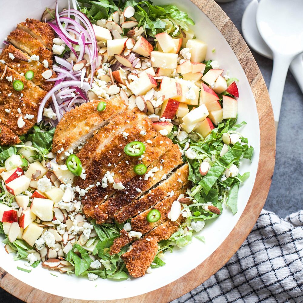 Crispy chicken cutlet brussel sprout salad with serrano honey mustard ...