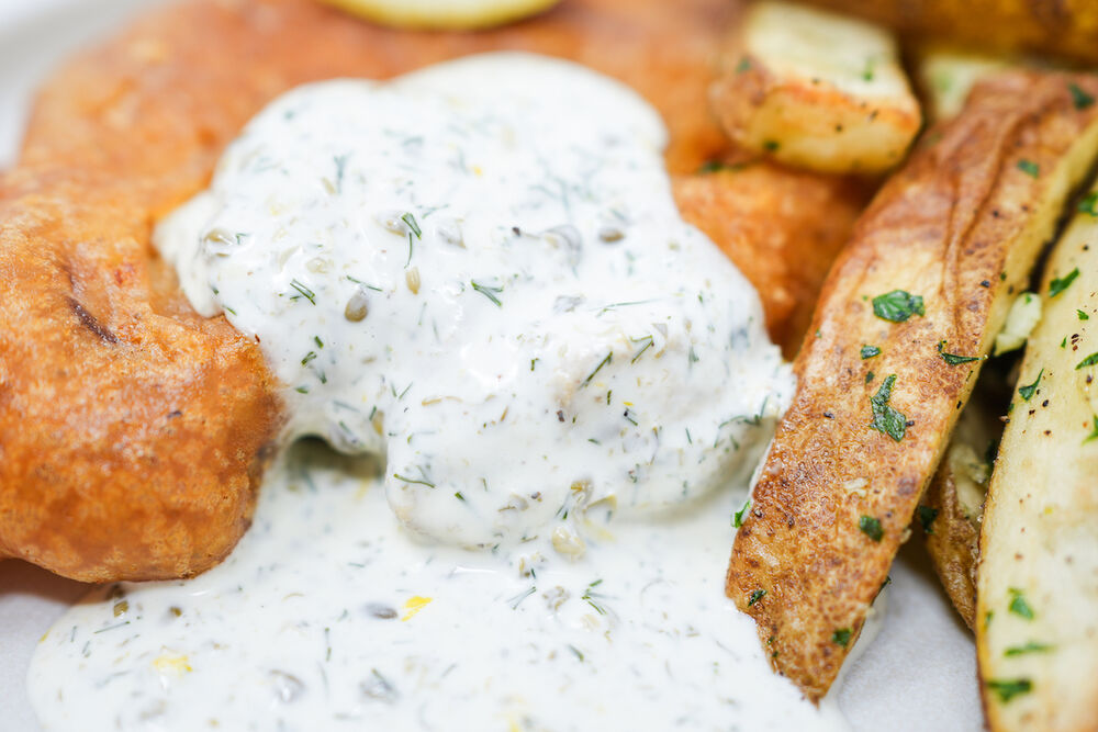 Beer-Battered Fish and Garlic Parsley Chips with Homemade Tartar Sauce ...