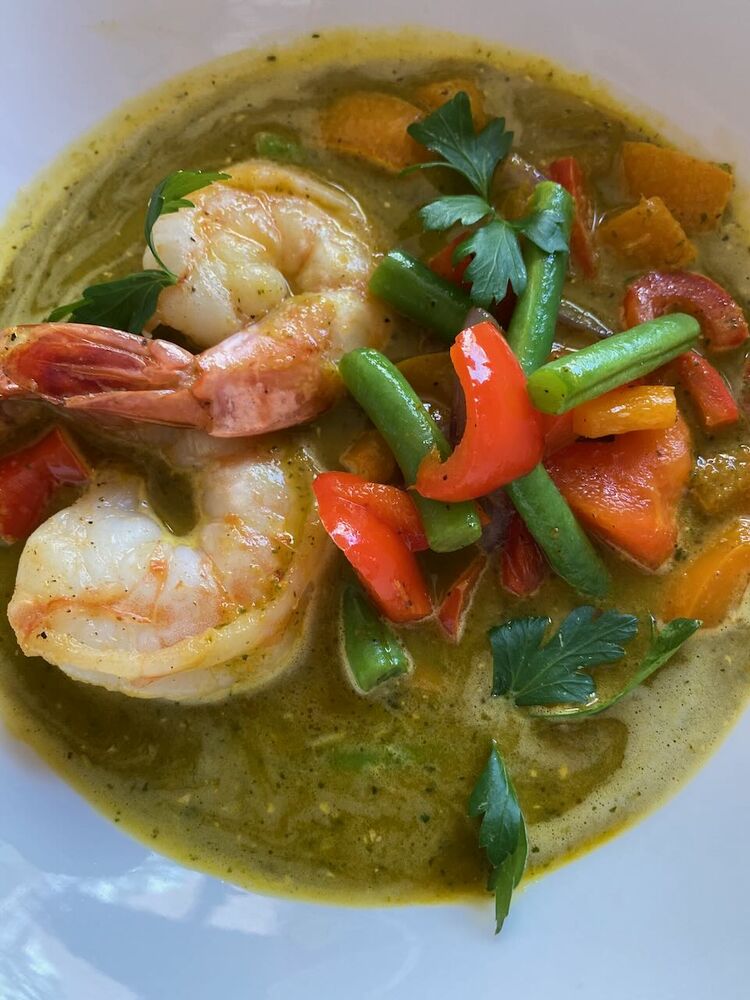 Coconut Sauce with Carrot Ginger Soup and Prawns Recipe | The Feedfeed