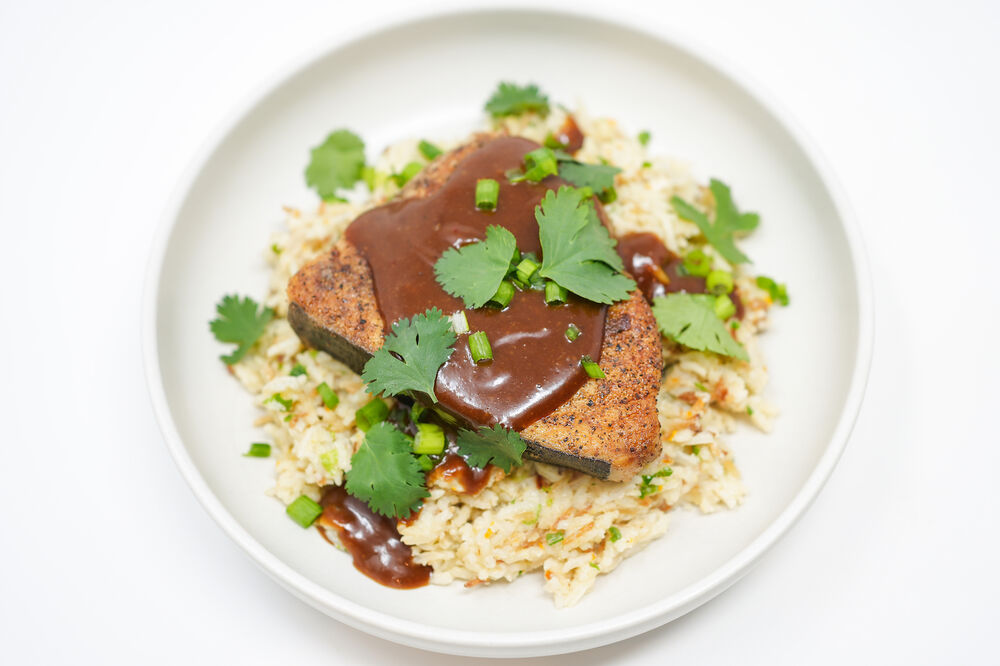 Seared Swordfish with Thai Mango Sauce and Caramelized Coconut Rice ...