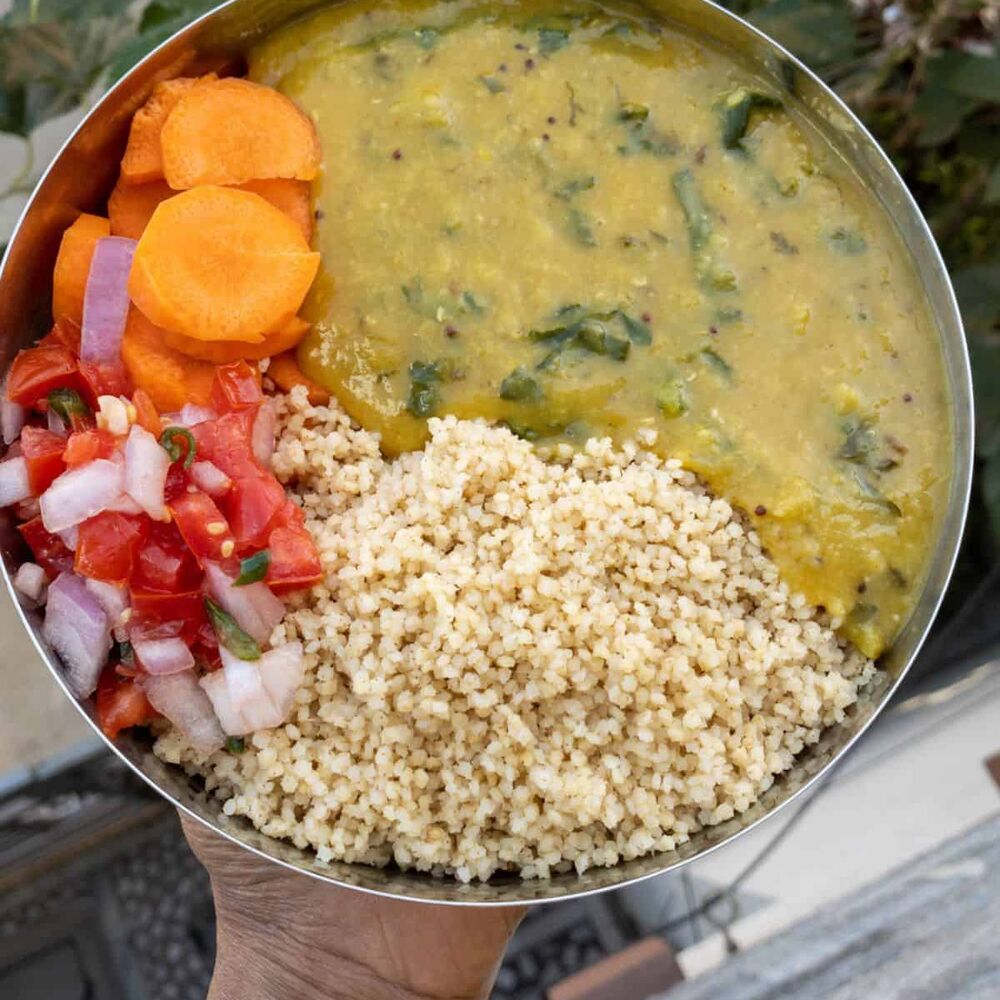 Vegetarian Lunch Idea: Millet with Red Lentil Dal and Veggie Salad ...